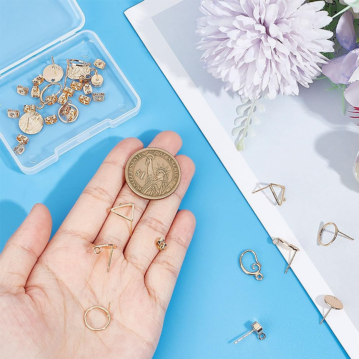 BENECREAT 8 Pairs 8 Style 18K Real Gold Plated Geometric Brass Stud, Round Triangles Stud Earring Findings with Loops and 20Pcs Plastic Ear Nuts for Earring Making, Pin: 0.8mm