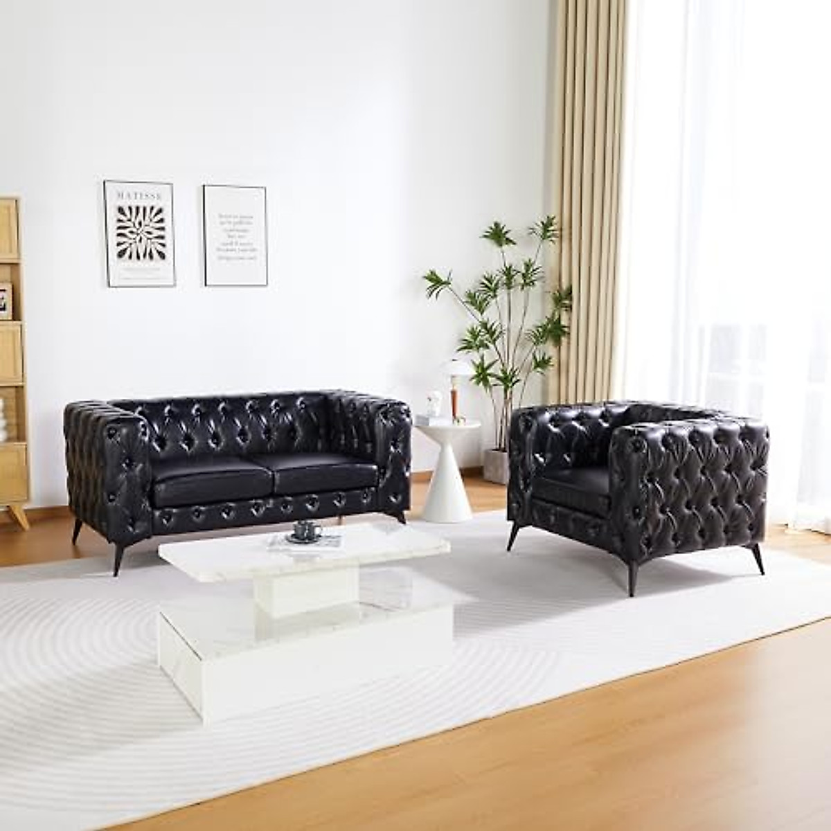 Chesterfield Loveseat, Modern Faux Leather Button Tufted Accent Sofa Couch with Square Arms and Metal Legs for Living Room, Bedroom, Office, Apartment (Black)