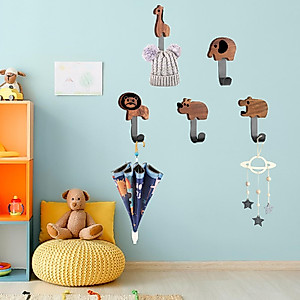 Qivine 5Pcs Wood Cute Animal Coat Hooks, Kids Coat Rack, Kids Coat Rack Wall Mount, Wall Hooks for Hanging, Giraffe Lion Elephant Animal Nursery Hooks for Nursery Bathroom Bedroom Home Decor