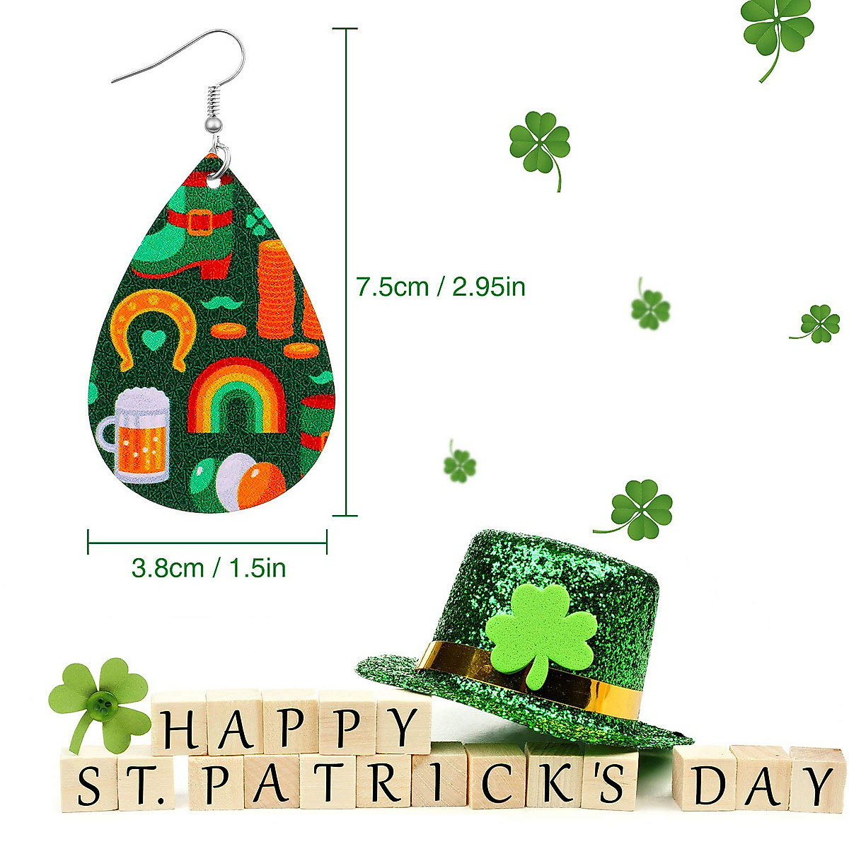 20 Pairs St. Patrick's Day Earrings Shamrock Dangle Earring Faux Leather Clover Drop Earrings Green Teardrop Earrings for Women Gift