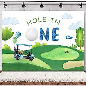 SVBright Hole in One 1st Birthday Backdrop 7Wx5H Watercolor Blue Sky White Clouds Grass for Bday Kids Boys Party Cartoon Golf Sports Themed Decorations Photography Background Banner Photo Booth Studio