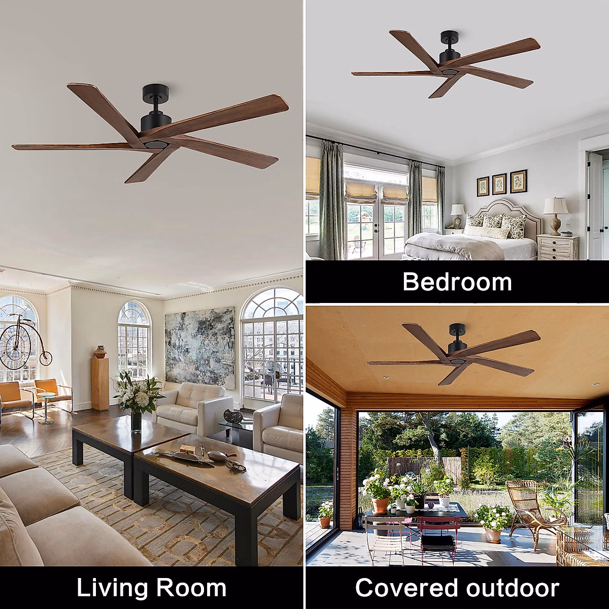 WINGBO 54 Inch DC Ceiling Fan without Lights, 5 Reversible Carved Solid Wood Blades, 6-Speed Noiseless DC Motor, Ceiling Fan No Light with Remote, Matte Black Finish with Walnut Blades, ETL Listed