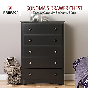 Prepac Sonoma 5-Drawer Chest for Bedroom, 16" D x 31.5" W x 45.25" H, Black