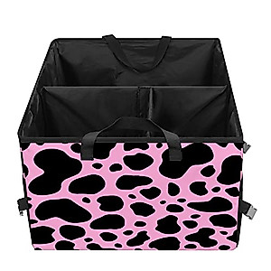Car Trunk Organizer Pink And Black Cow Print Spot Car Back Seat Large Storage Organizer with 3 Divider Compartments Collapsible Trunk Cargo Organizer Groceries Tote for SUV Truck Camping Picnic