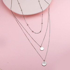 FLYOW Multi Layered Choker Necklace S925 Sterling Silver Coin Beaded Hammered Disc Long Chain Dainty Pendant Necklace for Women