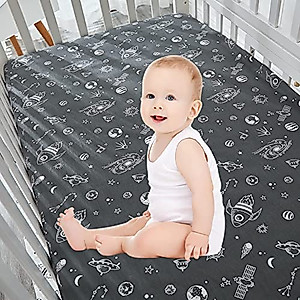 Brandream Space Crib Sheets for Baby Boys Toddler Fitted Sheet 100% Cotton Milky Way Spaceship Rocket Galaxy Print Nursery Bed Sheet Set