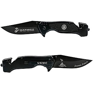 USMC Black Tactical Folding Knife-3.5 Inch Blade Marine Rescue & Hunting Knife-Two-Sided Engravings - USMC Gift-Disabled USMC Vet Owned SMALL Business