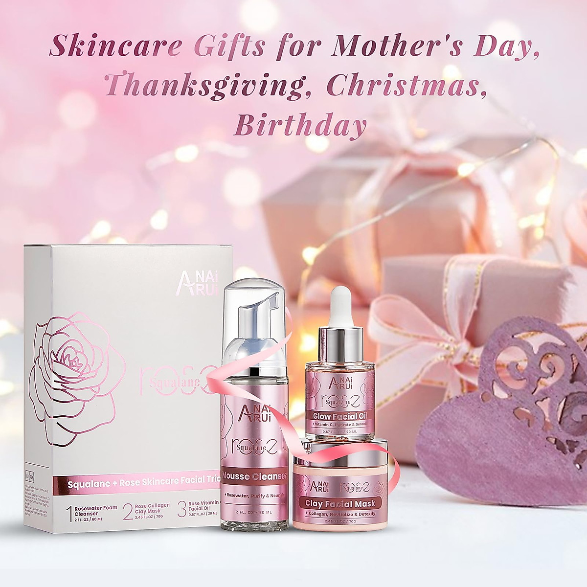 ANAiRUi Skin Care Set, Facial Kit for Women, Rose & Squalane Face wash and Moisturizer Set with Clay Mask, Face Cleanser and Facial Oil, Purify, Hydrate, Radiant, Rose Travel Skincare Set