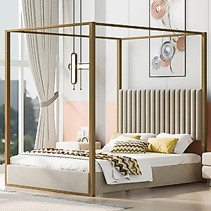 XD Designs Modern 4-Poster Canopy Platform Bed Queen Size with Channel Upholstery Tufted Headboard, Gold Metal Canopied Design Platform Bed Frame with Strong Slats Support (Beige+U)