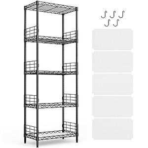 LINSY HOME Upgrade 5-Tier Storage Shelves, Height Adjustable Pantry Shelves with 5 Hooks & Shelf Liners, Metal Shelves for Storage, Storage Shelf Heavy Duty for Living Room, Kitchen, Bathroom