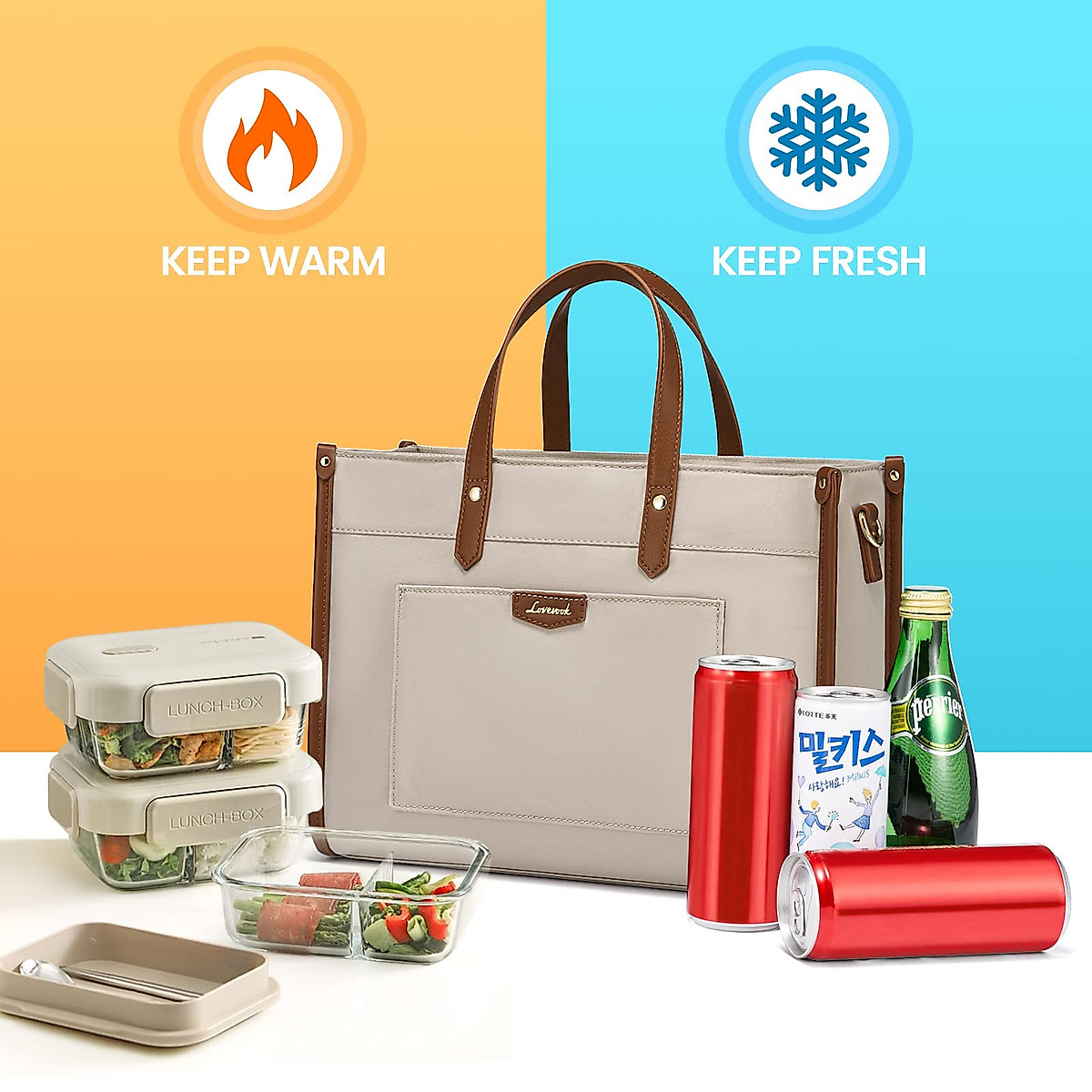 LOVEVOOK Lunch Bag Women Fashion,Lightweight Large Capacity Insulated Lunch Box for Office Work Picnic,Nude-Apricot,M