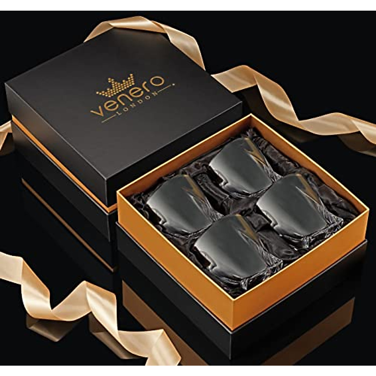 VENERO Crystal Whiskey Glasses, Set of 4 Rocks Glasses in Satin-Lined Gift Box - 10 oz Old Fashioned Lowball Bar Tumblers for Drinking Bourbon, Scotch Whisky, Cocktails, Cognac