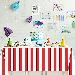 peony man 2 Pieces Red and White Striped Tablecloth Plastic Stripe Table Cover Carnival Circus Tablecloths Waterproof Rectangle Tablecloth for Holiday Party Picnic Decoration, 54" x 107"