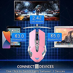 Pink Wireless Mouse, Rechargeable Bluetooth Gaming Mouse Multi Device (3-Mode:BT 5.0/3.0+2.4Ghz) with Side Buttons, RGB LED Backlit, USB Cordless Computer Mice for Laptop/PC/MacBook Pro/iPad (Pink)