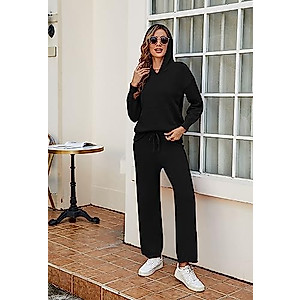 Pink Queen Women's 2 Piece Sweater Outfits Set Pullover Hoodie Top Wide Leg Pants Knit Sweatsuit Lounge Sets Black L