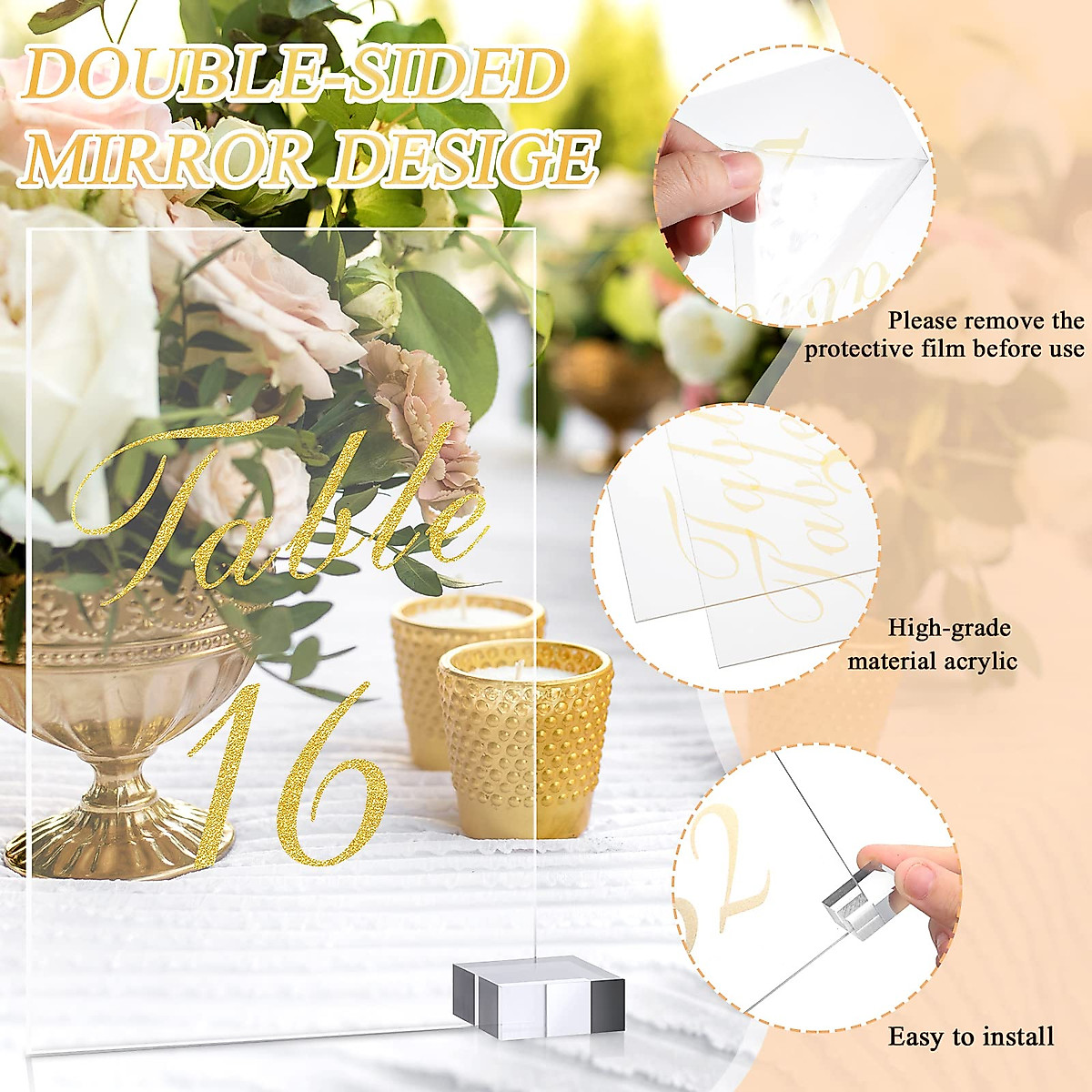 Acrylic Wedding Table Numbers with Stands 1-40 Gold Table Number Signs and Holders 4 x 6 Inch Printed Calligraphy Table Number Holders Clear Acrylic Sign for Wedding Reception Centerpiece Event Party