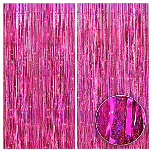 KatchOn, Iridescent Hot Pink Backdrop Curtain - Large 3.2x8 Feet, Pack of 2 | Pink Backdrop Fringe Curtain for Pink Birthday Decorations | Hot Pink Foil Fringe Curtain for Pink Party Decorations