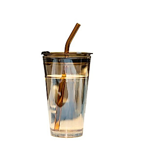 RYUHYF Straw cup, coffee cup, glass with straw and lid, double drink cup, milk cup, tea cup, ice coffee cup, car cup,set of 1 (16oz, Amber)
