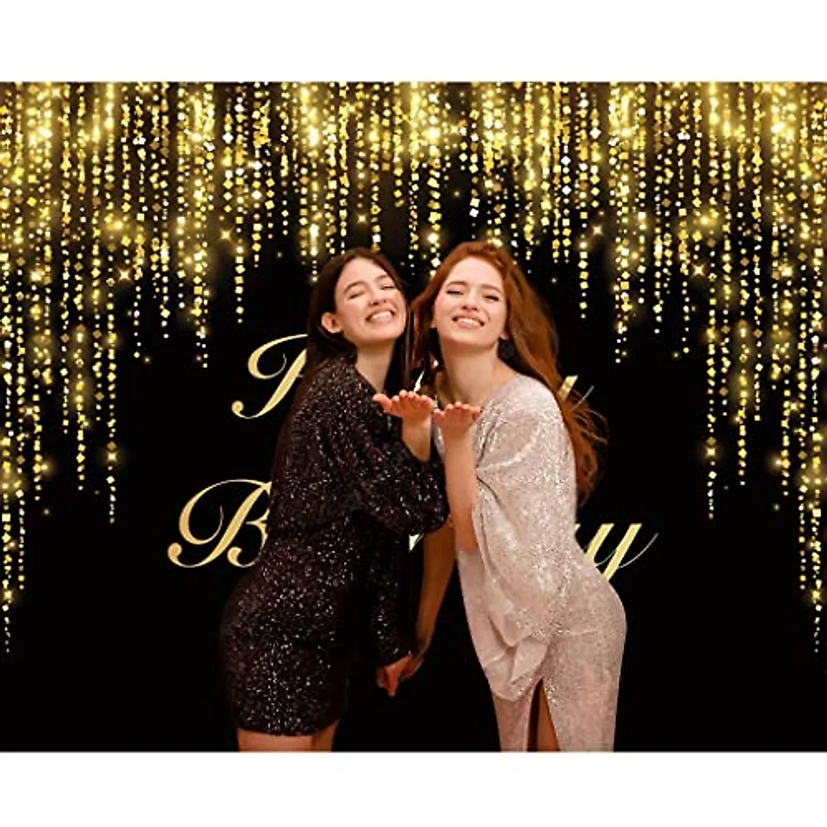 Dienalls 7x5ft Happy Birthday Backdrop for Women Girls Black and Gold Glitter Bokeh Sequin Spots Background for Photography Golden Sparkle Shining Photo Booth Props Party Banner Cake Table Decor