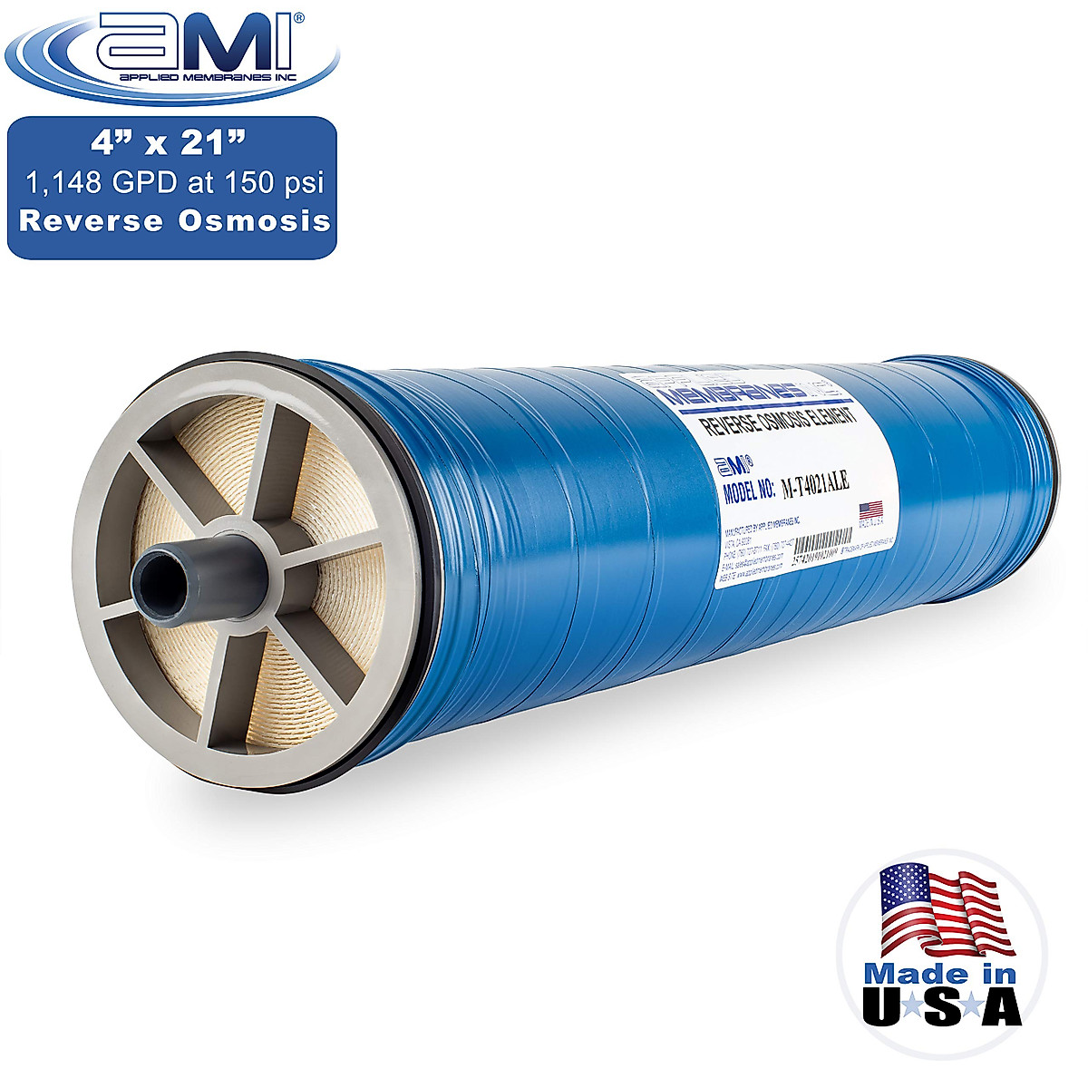 APPLIED MEMBRANES INC. 4" x 21" Low Pressure Reverse Osmosis Membrane Element for RO Tap Water Treatment System | 1,148 GPD @ 150 psi Low Energy | M-T4021ALE
