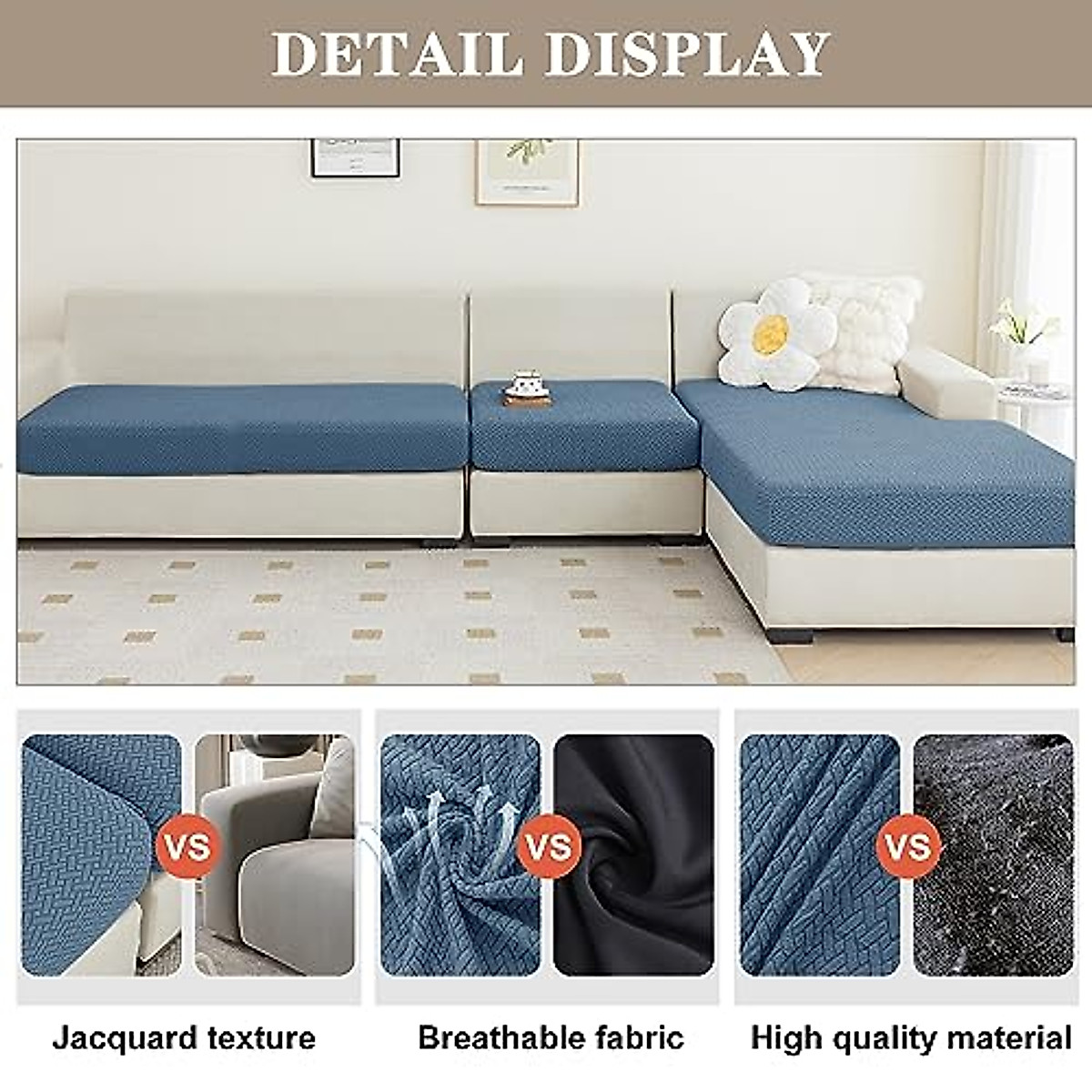 Jin Le 2 PCS Couch Cushion Covers for Sectional Sofa (3 Seater + 1 Chaise, Blue) Jacquard Chaise Anti-Slip with Elastic Bottom and Ties