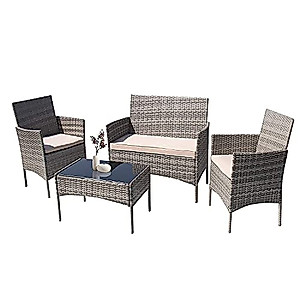 Furniwell Patio Outdoor Furniture Set 4 Pieces Porch Wicker Chairs Sets Rattan Balcony Sofa Conversation Set for Backyard Lawn Pool(Grey and Beige)