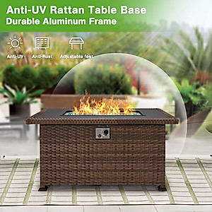 HOMREST 44in Propane Fire Pit Table 50,000 BTU Indoor Auto-Ignition Gas Firepit CSA Certification Rattan Base with Glass Wind Guard Waterproof Cover for Patio Garden (Dark Brown)