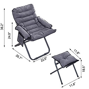 Living Room Lazy Chair with Ottoman & Armrest, Modern Comfy Folding Lounge Chair Reclining Sofa Leisure Chair Armchair with Footstool for Bedroom/Office/Hosting, Grey (Large)