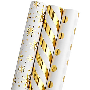 LDGOOAEL Mini Short Small Christmas Wrapping Paper Roll (17" X 120") - Gold Foil Snowflakes Stripe Polka Dot Design for Holiday, Birthday