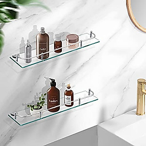 Koilria Glass Bathroom Shelf, Glass Shelves for Bathroom Tempered Glass and Stainless Steel Bracket Shower Organizer Shelf 2 Pack