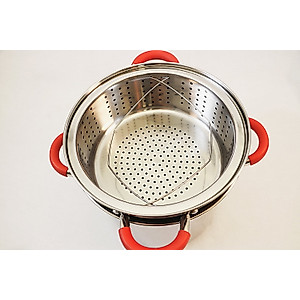 ExcelSteel 8 Qt Multifunction Stainless Steel Pasta Cooker with Encapsulated Base, Vented Glass Lid, and Riveted Silicone Covered Handles