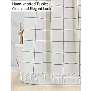SUMGAR Cotton Shower Curtain Boho Farmhouse Shower Curtains for Bathroom with Tassels & Hooks, White Fabric Grey Checkered Bohemian Fringe Shower Curtain Set, 72" x 72"