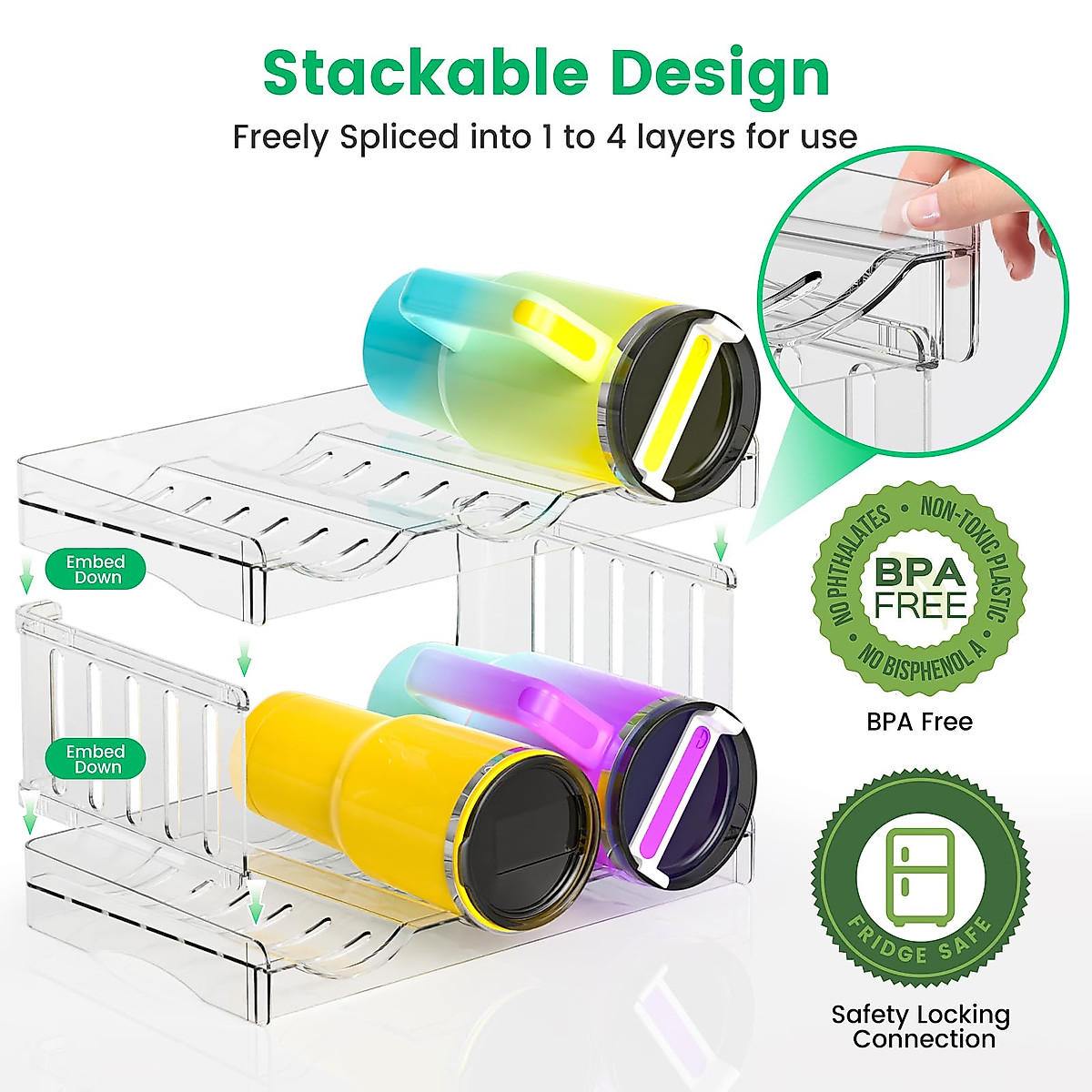 Phsycolv Water Bottle Organizer Compatible with Stanley 40oz Tumbler with Handle, 4 Pack Stackable Cup Organizer for Cabinet, Pantry Kitchen Organizers and Storage for Cup Accessories, Wine Rack Gift