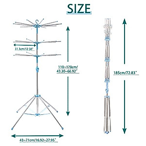 Hershii 3 Tiers Clothes Drying Rack Collapsible Indoor Outdoor Garment Airer Stand Folding Laundry Hanger Organizer Space Saving with Towels Bars and Clothespins, 43.3-66.92inches High
