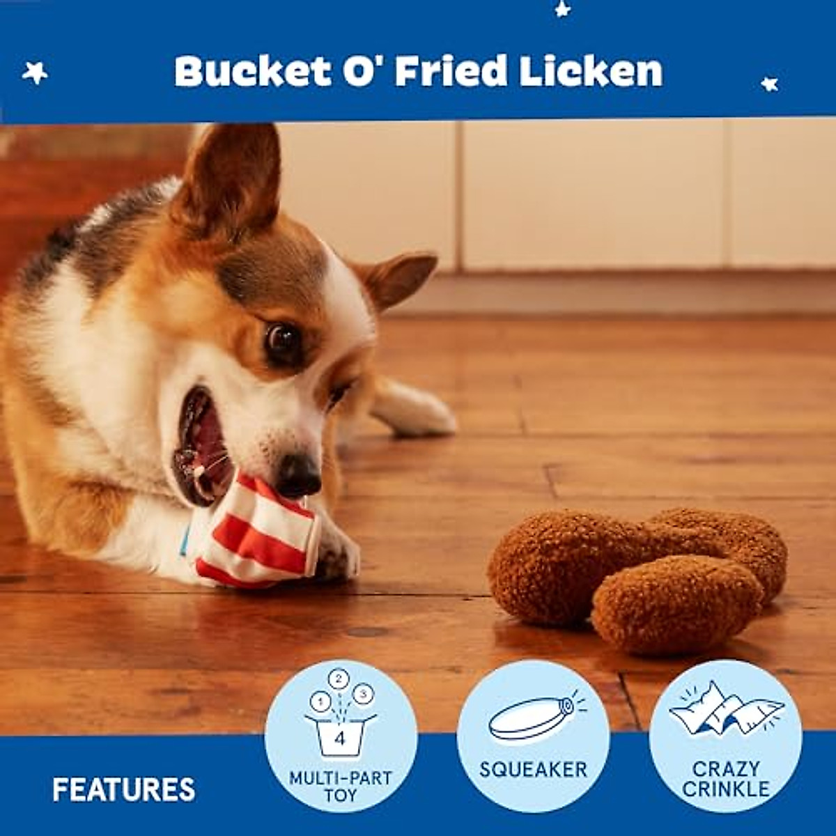 Barkbox 2 in 1 Interactive Plush Dog Toy - Rip and Reveal Toy for Dogs and Puppies - Stimulating Squeaky Pet Toys | Bucket o' Fried Licken