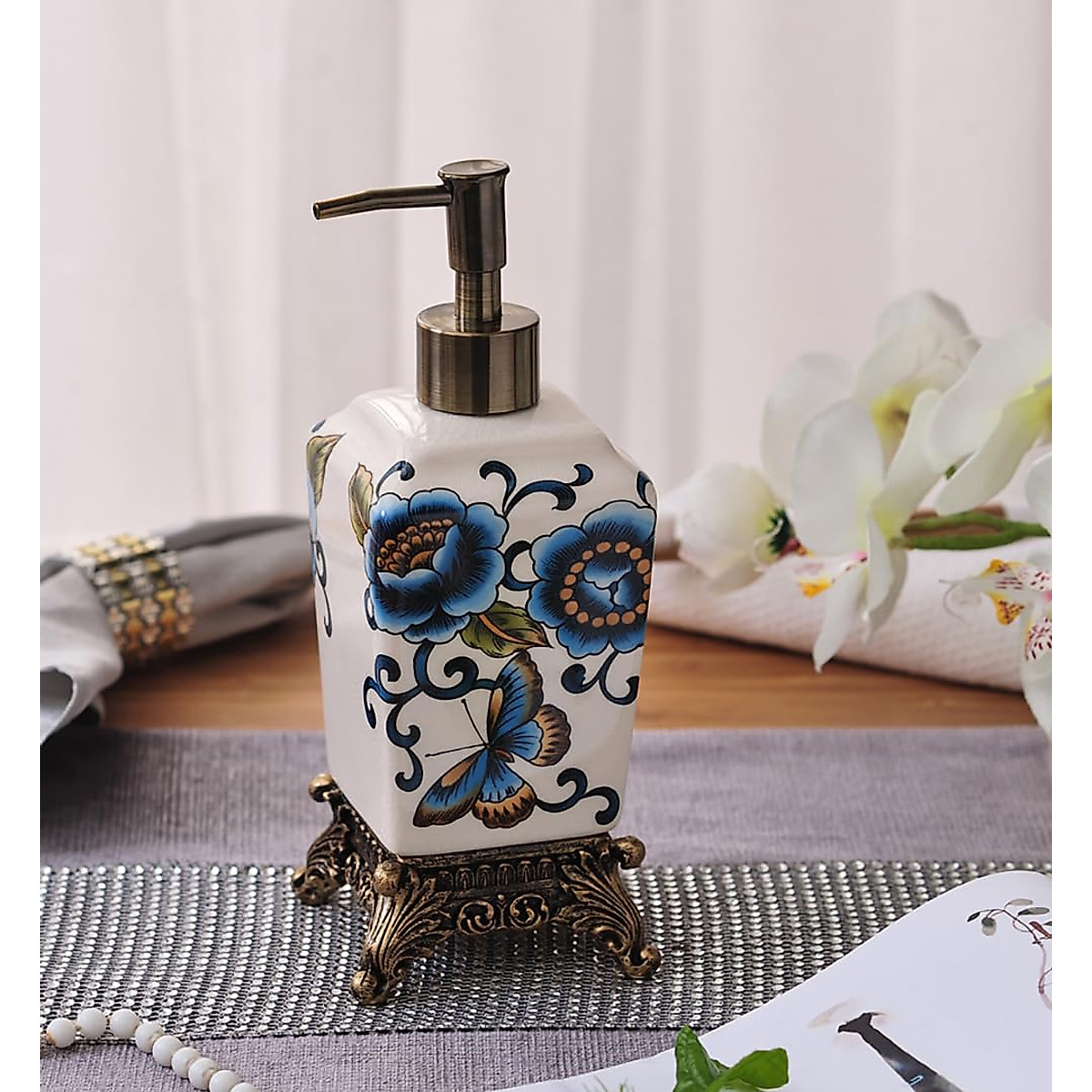 Kelake Ceramic Soap Dispenser - 12 oz Ice Crack Ceramic Liquid Hand Soap Dispenser with Removable Pump, Refillable Modern Classical Palace Style Dish Soap Dispenser for Bathroom and Kitchen