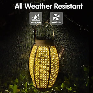 Solar Lanterns Outdoor Hanging - Outable Solar Rattan Woven Lantern Lamp with Handle for Hanging, Auto ON/Off Table Lantern Garden Patio Yard Home Decoration with Warm LED Light