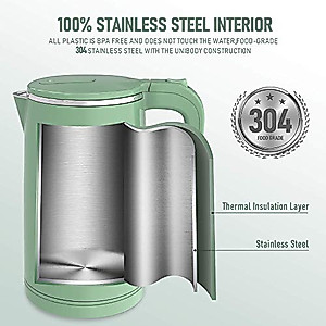 COOKTRON 1.7L Electric Kettle Quiet, Double Wall Hot Water Boiler BPA-Free, Quiet Boil and Cool Touch Tea Kettle, Cordless with Auto Shut-Off & Boil Dry Protection, 1500W Fast Boiling, Green