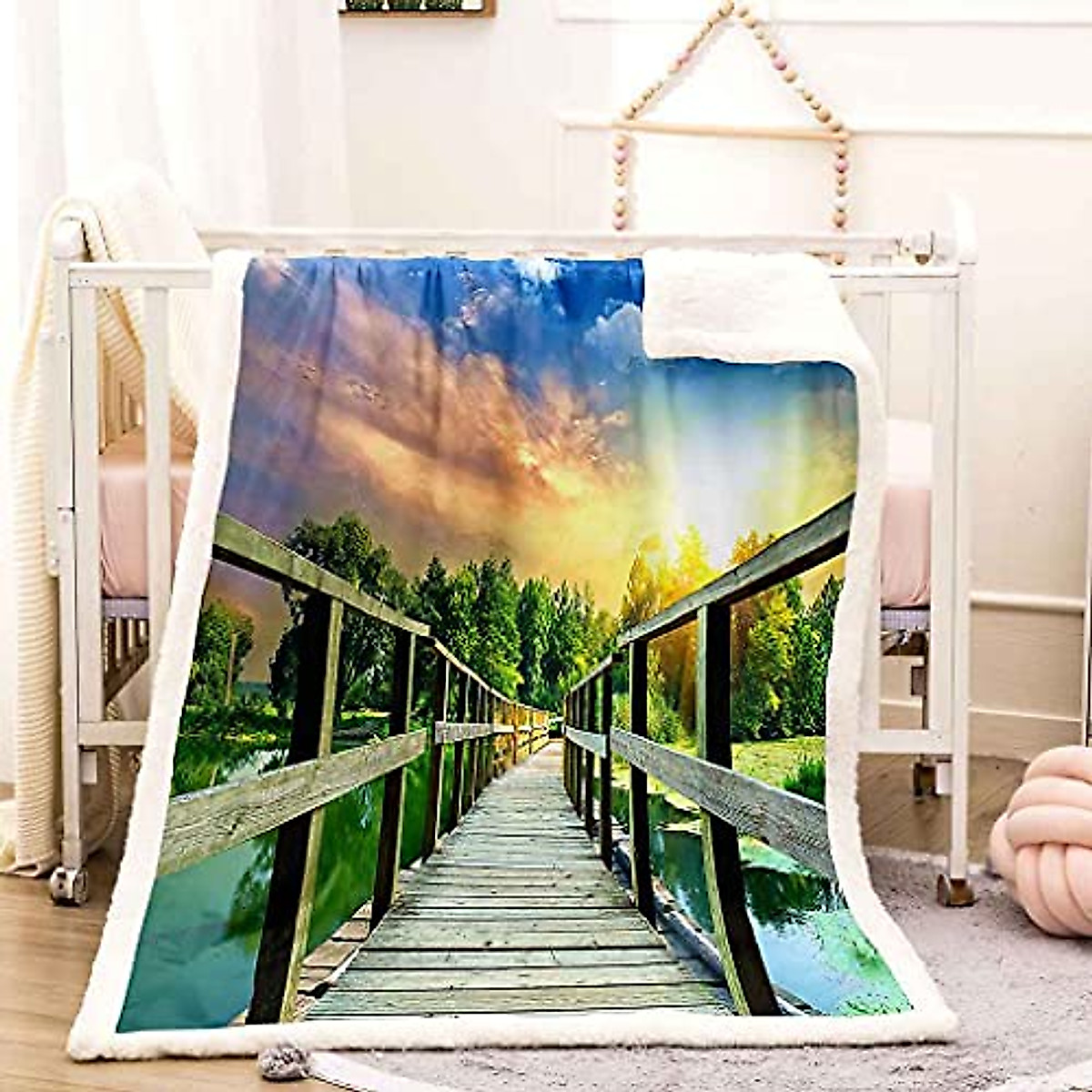NARBOR Soft Fleece Throw Blanket - Fluffy Microfiber Solid Blankets for Bed and Couch Double/Single Size - 59X79Inch Lake Wooden Bridge Landscape Printed Flannel Blanket for Bed, Couch and Sofa