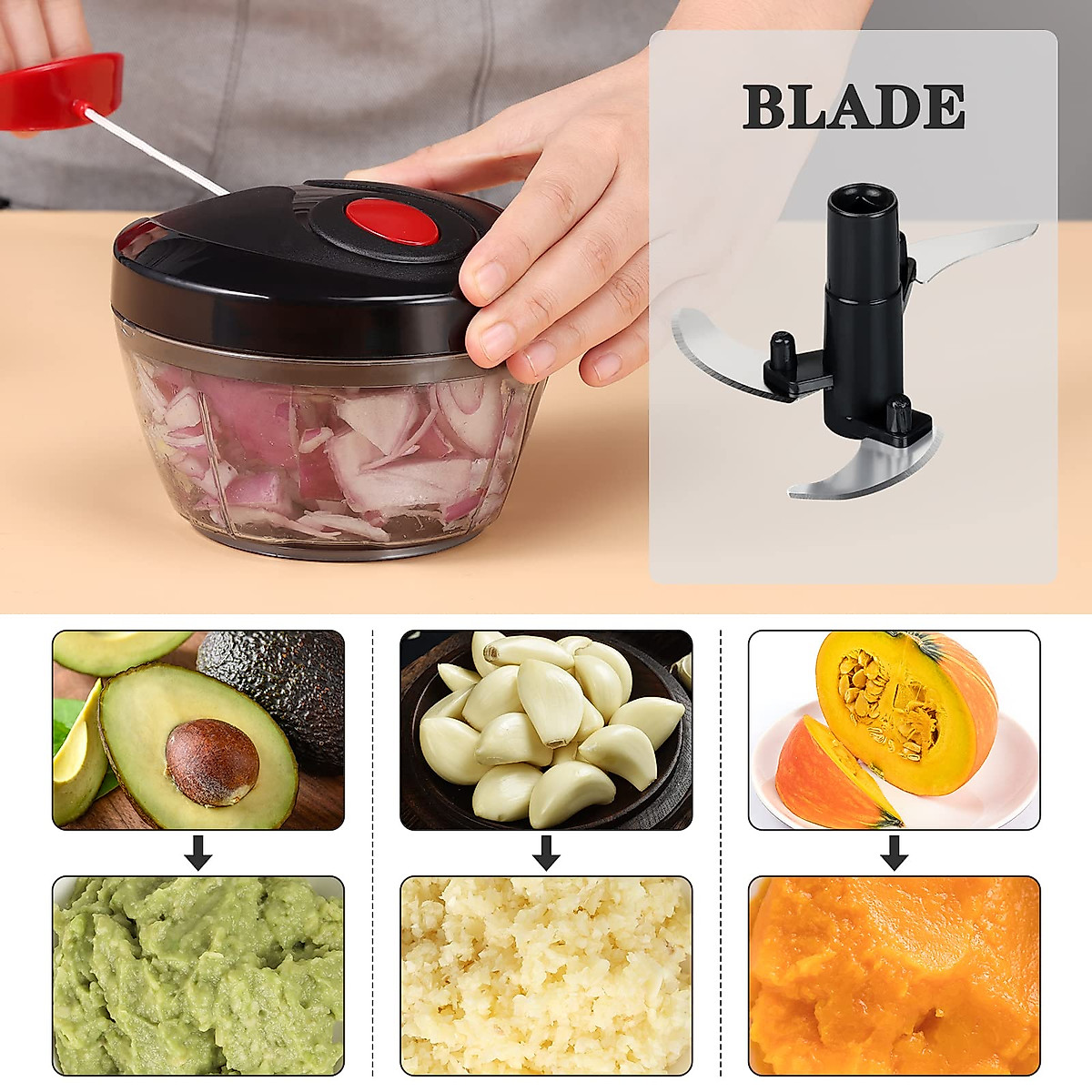 Cambom Chopper Manual Food Chopper, Hand Pull String Vegetable Chopper, BPA Free Food Safe Material (BLACK)