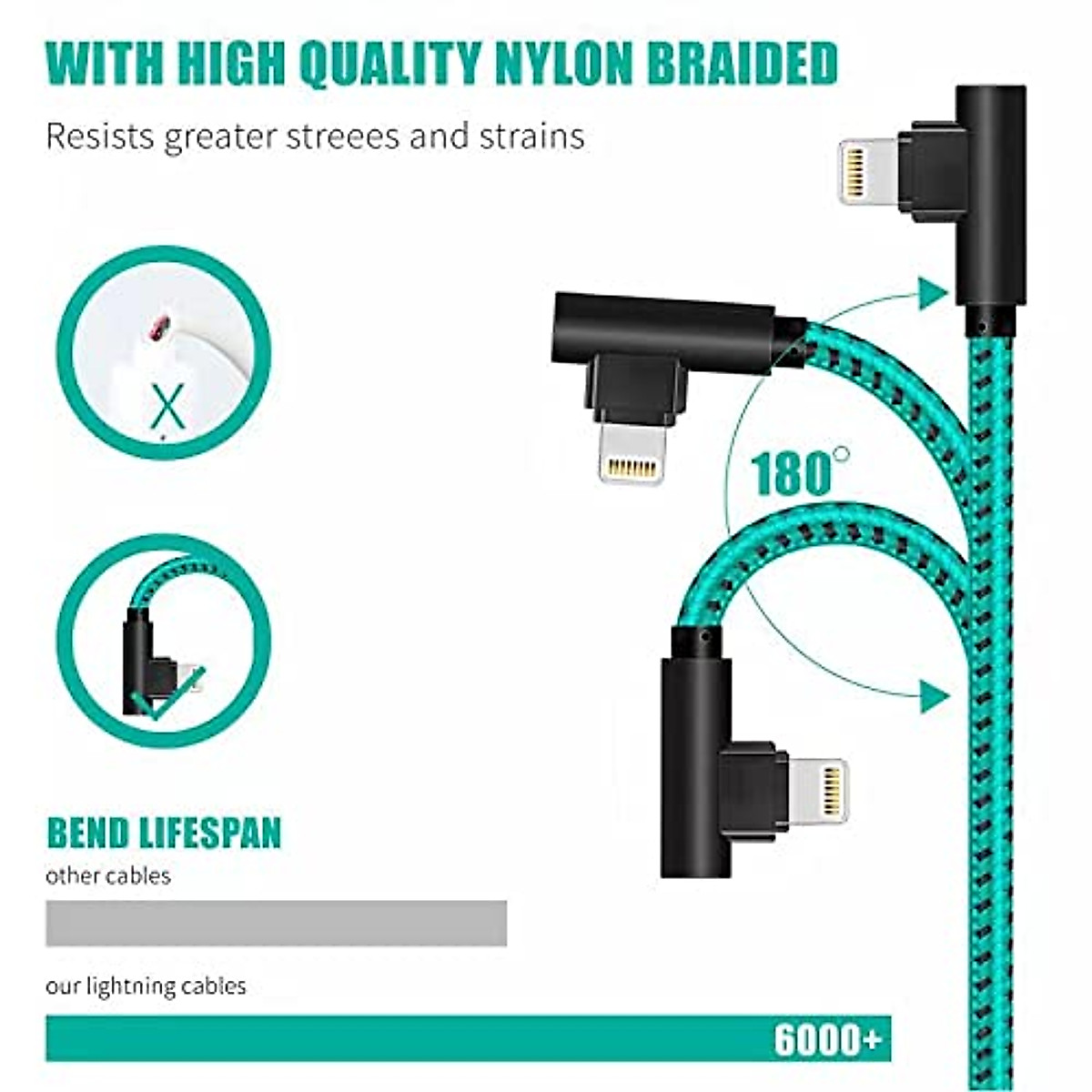 iPhone Lightning Charger Cable 10FT [MFi Certified] Right Angle 90 Degree Nylon Braided Charging Cord Extra Long for iPhone 12/12pro/11/11pro/XS MAX/XR/8/7（3Pack）