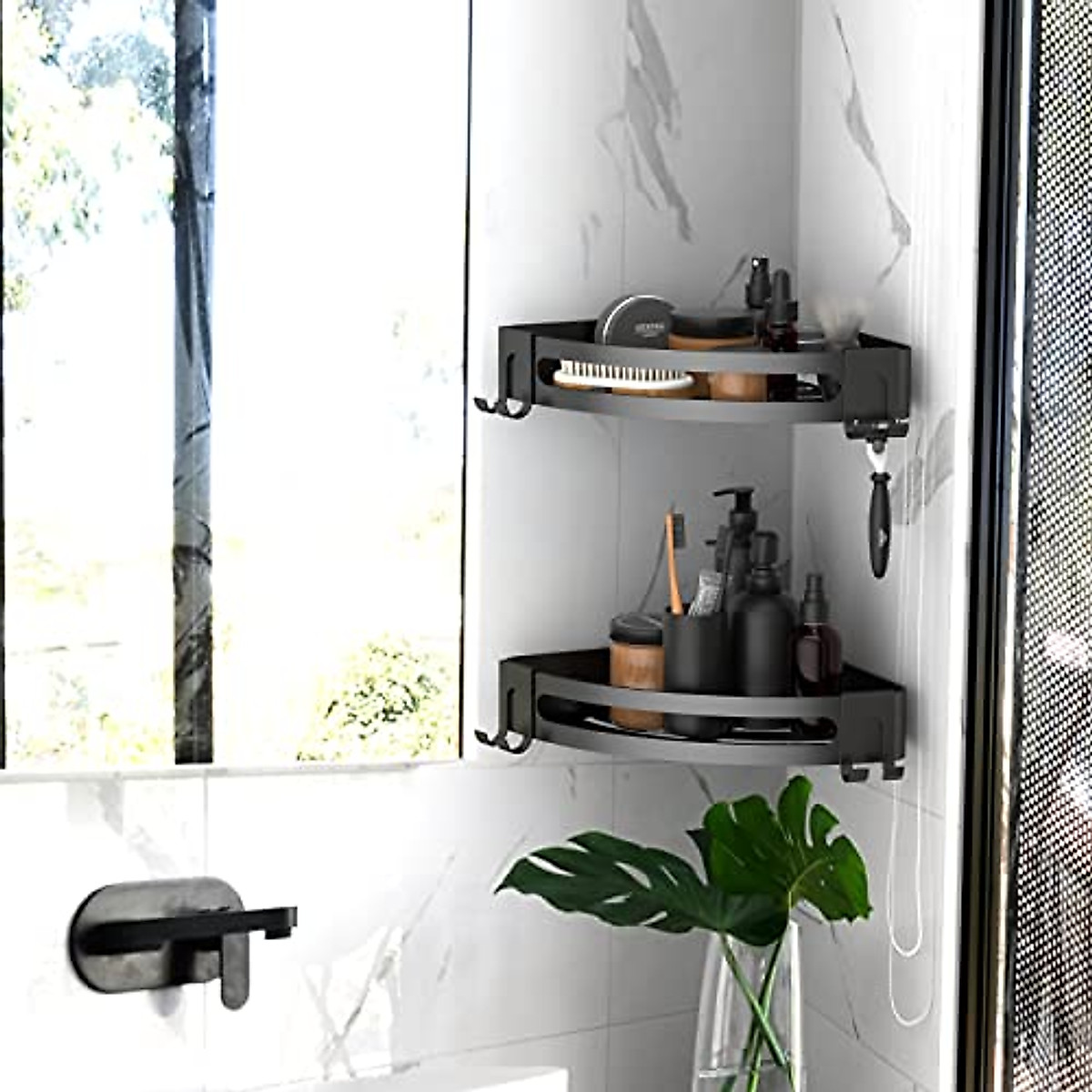 GeekDigg 2-Pack Shower Shelves for Tile Walls, Aluminum Corner Shower Basket (Not brushed nickel) & 2 Pack Corner Shower Caddy, Adhesive Bathroom Shelf Wall Mounted with Razor Holder