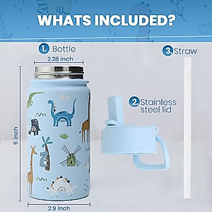 Lexlion Water Bottle 14 Oz, Triple Walled Insulated Stainless Steel Odor & Strain Resistant Reusable Bottle, 1 straw Lid, Leakproof, Metal Mug Gallon, BPA Free, Blue Zoo
