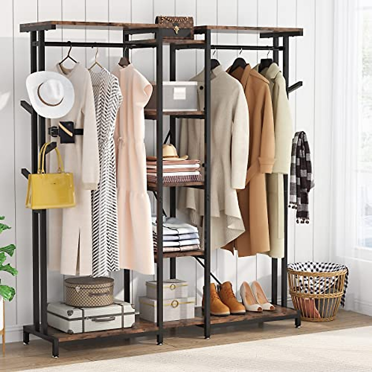 Tribesigns Extra Large Closet Organizer with Hooks, Free-Standing Closet Clothes Rack with Shelves and Hanging Rod, Heavy Duty Industrial Clothing Shelf Closet Storage System for Bedroom (rustic)