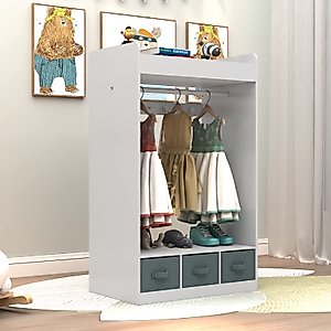Shyneer Dress Up Storage with Mirror, Girls Armoire with Non-Woven Drawers, Open Costume Closet with Hanging Rack (White)