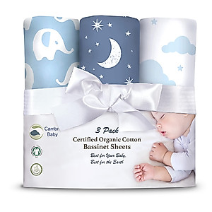 Cambria Baby 100% Organic Cotton Jersey Fitted Bassinet Sheets for Boy. 3 Pk Adapts to Oval, Hourglass & Rectangle Shaped Bassinet Pads. Fits Halo, Snoo, Graco, and Most other Standard Size Bassinets.