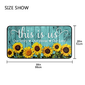 Teal Turquoise Green Wooden Sunflowers Kitchen Rugs Non Slip This is us Our Story Our Home Our Love Kitchen Mats Doormat Bathroom Runner Area Rug for Kitchen Decor, Washable, 39 x 20 Inch