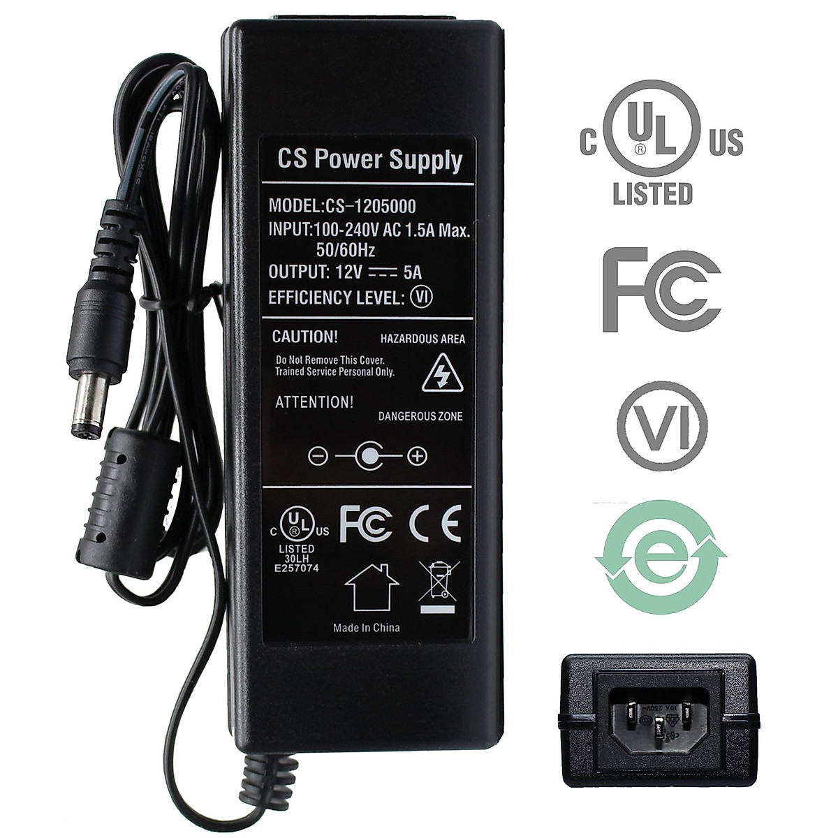ANVISION AC to DC 12V 5A Power Supply Adapter with 9 Way Splitter Cable, Plug 5.5 x 2.1mm for Led Light Strips, NVR DVR Security Camera, Efficiency Level VI