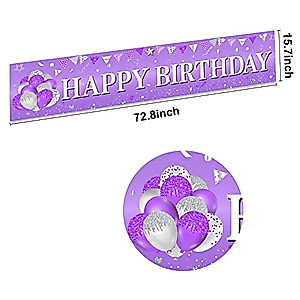Purple and Silver Happy Birthday Banner Decorations for Women Girl, Purple silver Happy Birthday Yard Banner Party Supplies, 10th 16th 21st 30th 40th 50th 60th 70th 80th 90th Bday Sign Outdoor Indoor