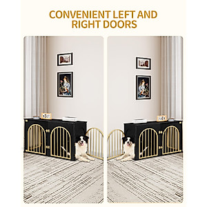 Hzuaneri 39.4'' Wooden Dog Crate Furniture TV Stand, Indoor Dog Kennel for Small/Medium/Large Dogs, End Side Table Dog Crates, Anti-Chew, Anti-Escape, Arched Door Design, Black Gold DFC84104A